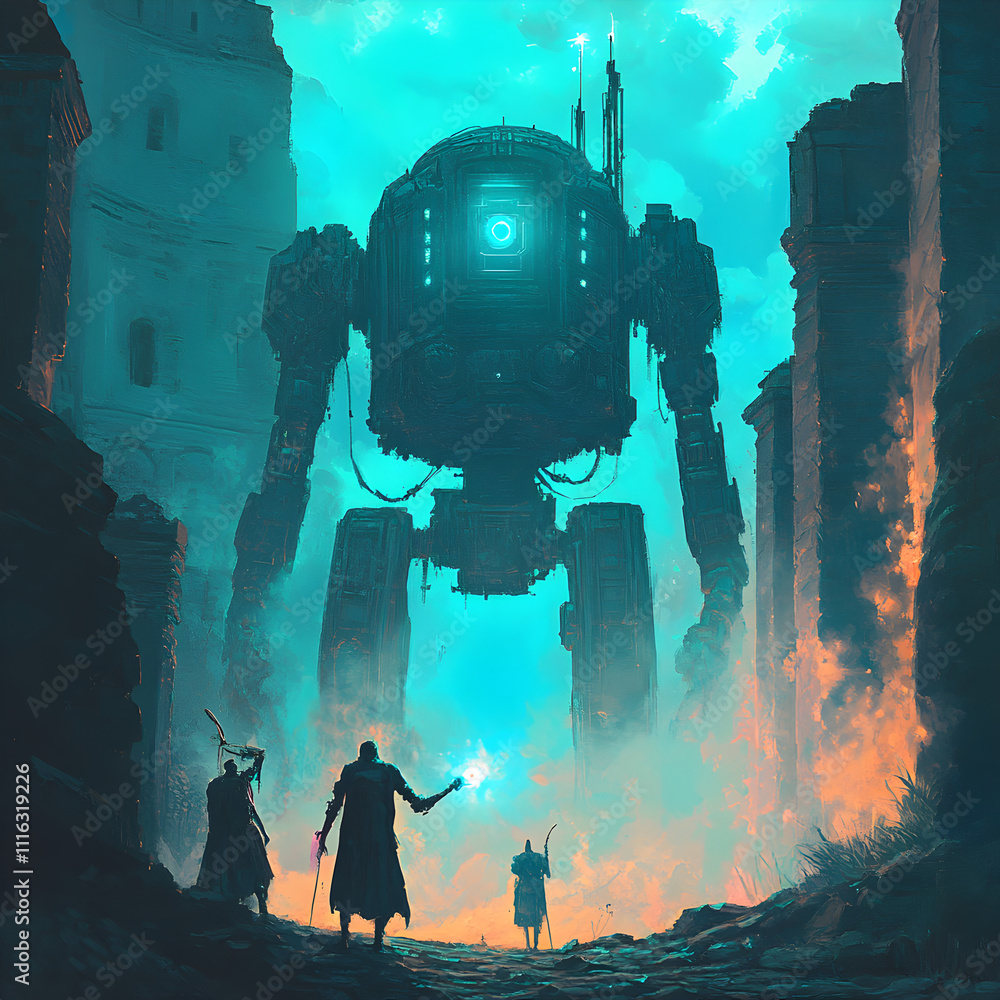 Ai automaton guiding adventurers through a mysterious ruin fantasy ...