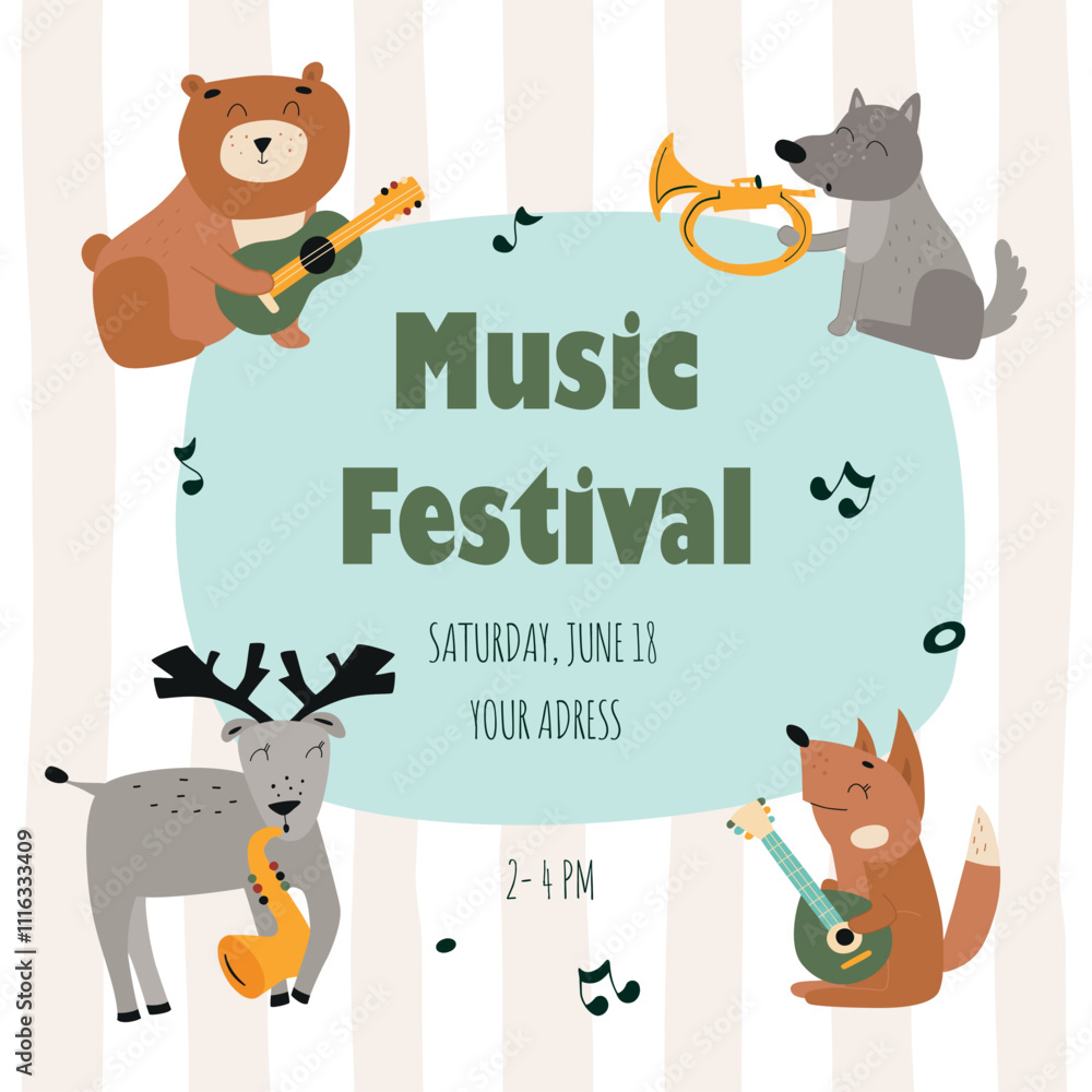 Cute vector Animals playing instruments. Flat vecor illustration ...
