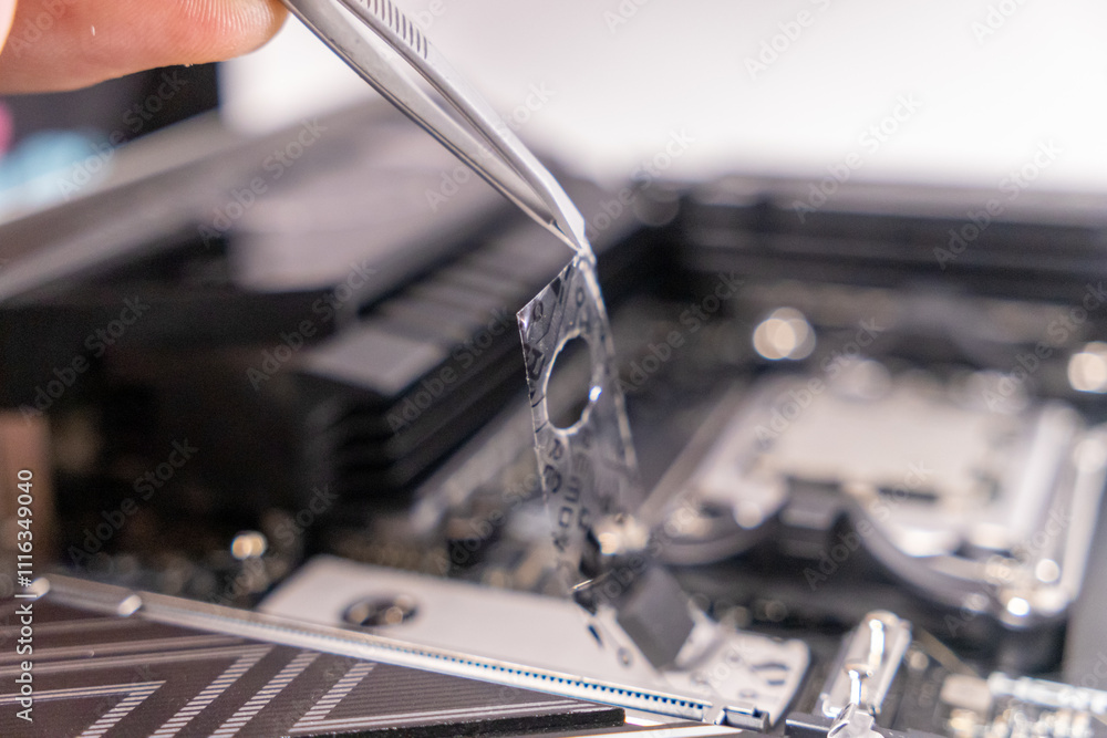 removing protective film, motherboard preparation, m.2 slot, tweezers ...