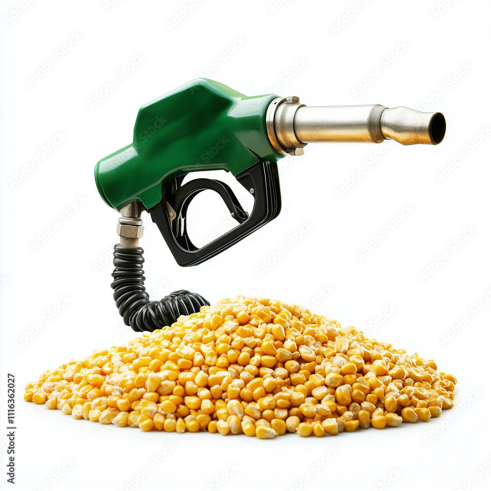 Corn ethanol Green Fuel Handle Pump Nozzle And Hose and a pile of corn ...