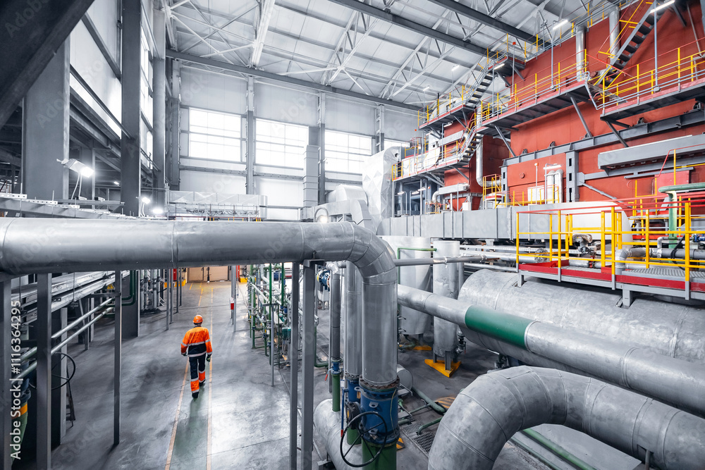 Foto de Stock Industrial Worker inspection at steel long pipes and pipe ...