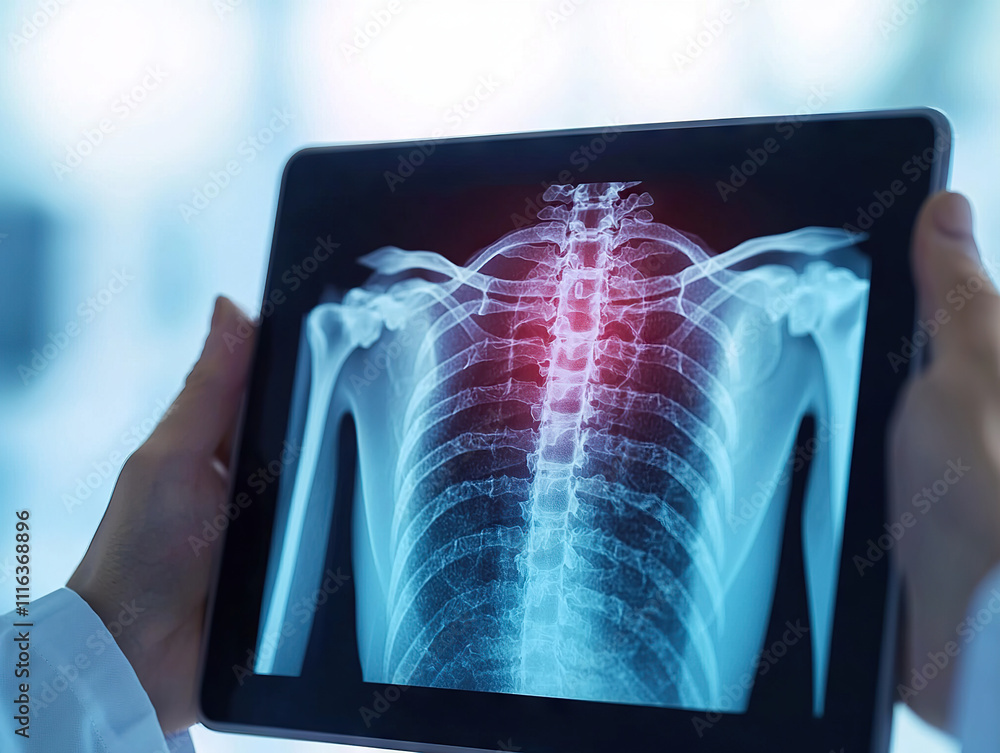 digital tablet displaying x ray image of spine with highlighted injury ...