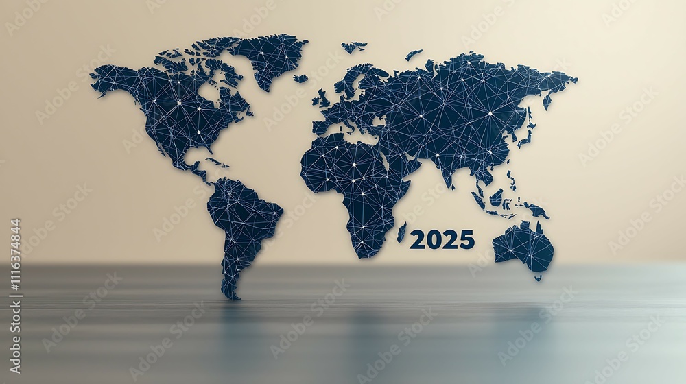 2025 business global concept. A stylized world map with a blue network ...