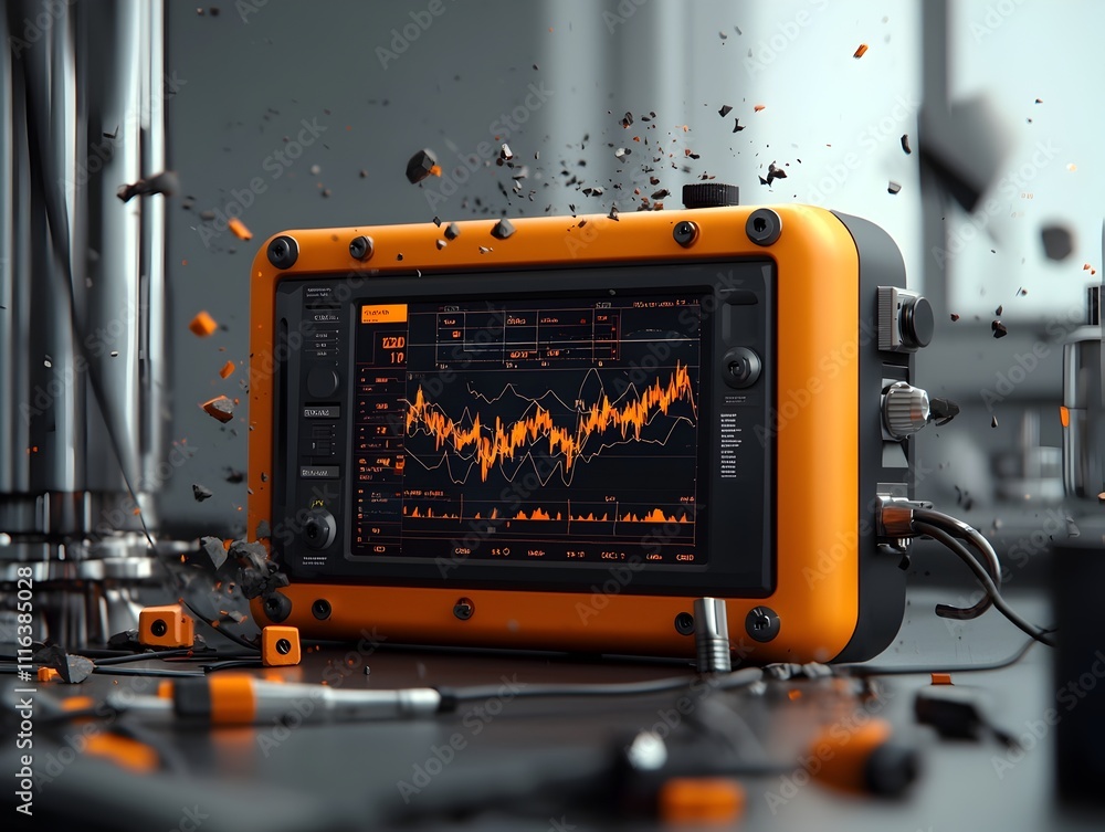 Highly technical drawing depicting a seismograph instrument monitoring the intense shockwaves ...