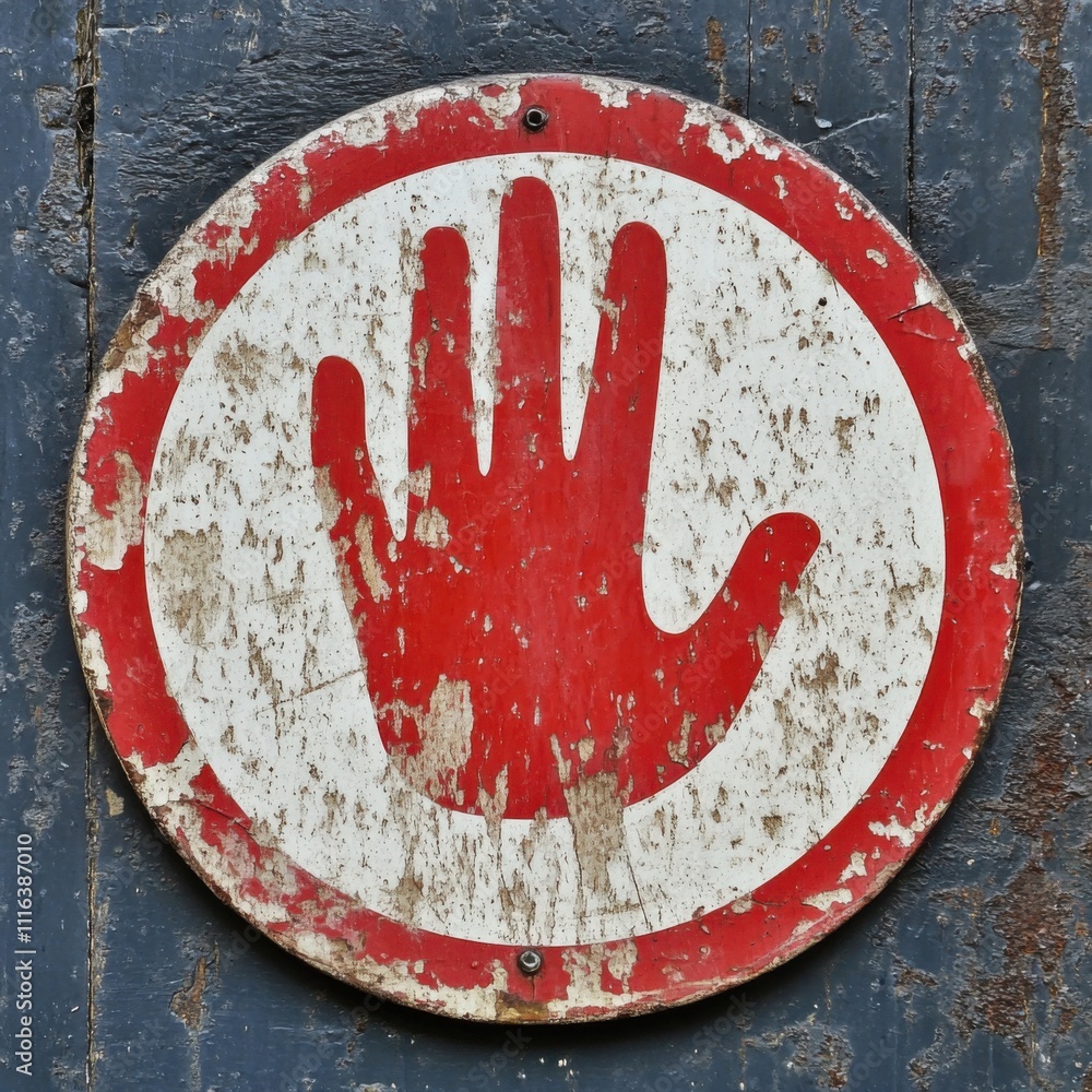A circular sign with a red hand symbol indicates a stop or no entry ...