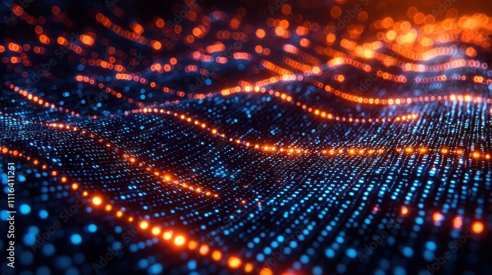 encrypted data flowing through a digital network, represented by glowing lines and encrypted ...