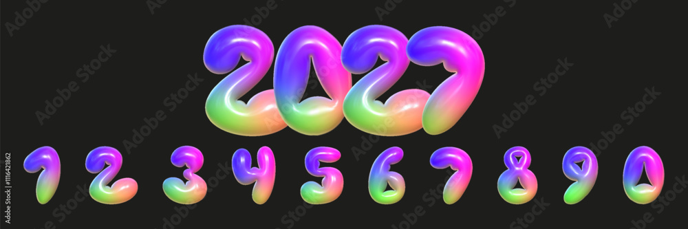 Three-dimensional numbers with a smooth multi-colored gradient. Helium ...