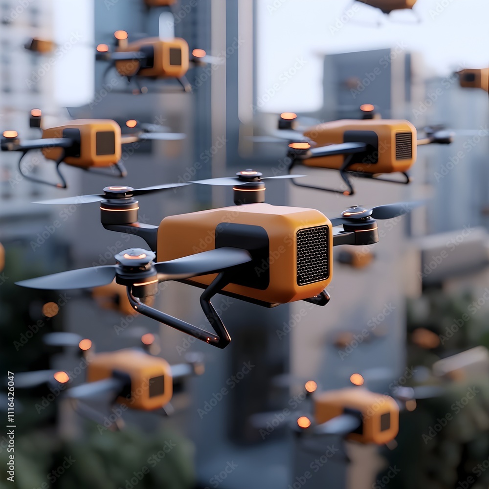 A swarm of futuristic cargo drones lifting and transporting packages ...
