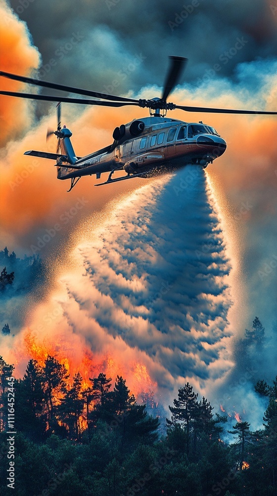 Helicopter releasing a powerful stream of water to extinguish a forest ...