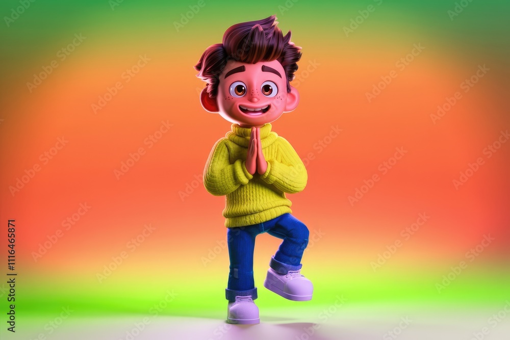 Cartoon boy practices yoga in peaceful one legged pose. Stock ...