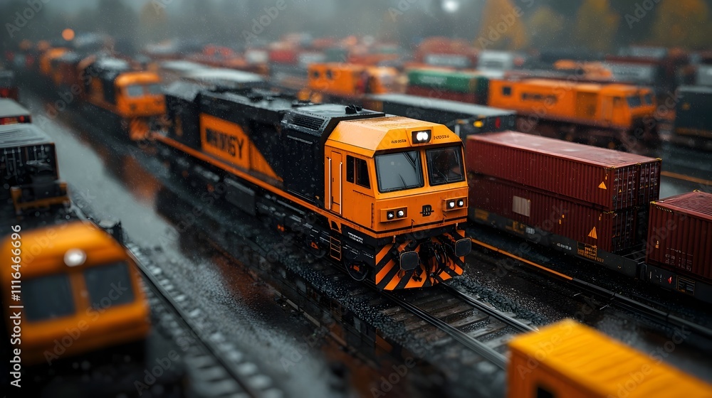 Vast intermodal freight yard with shunting locomotives and cargo ...