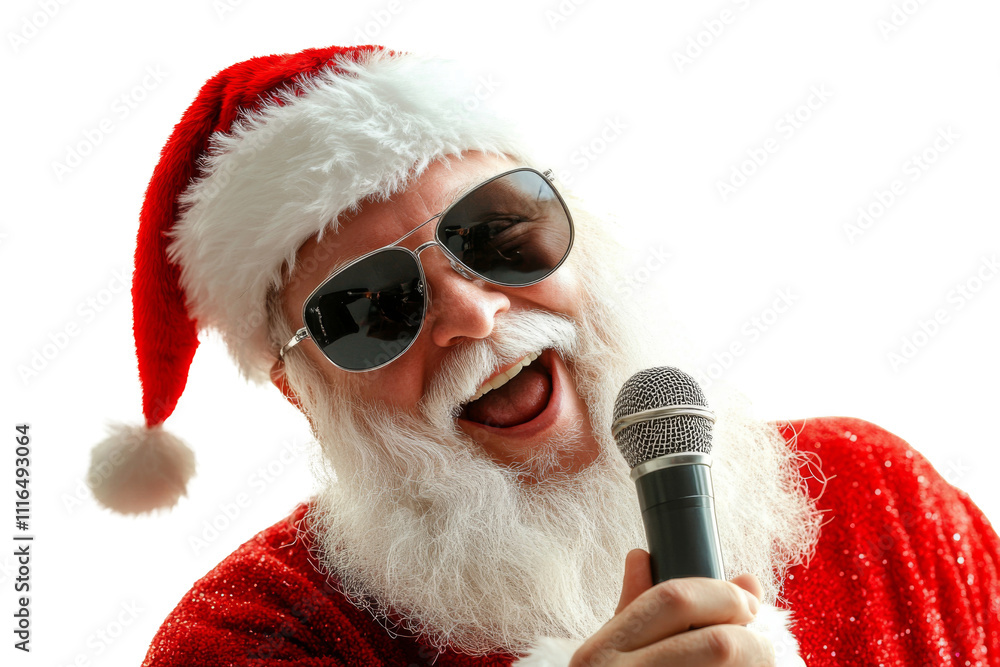 Santa Claus singing with a microphone and wearing festive sunglasses ...