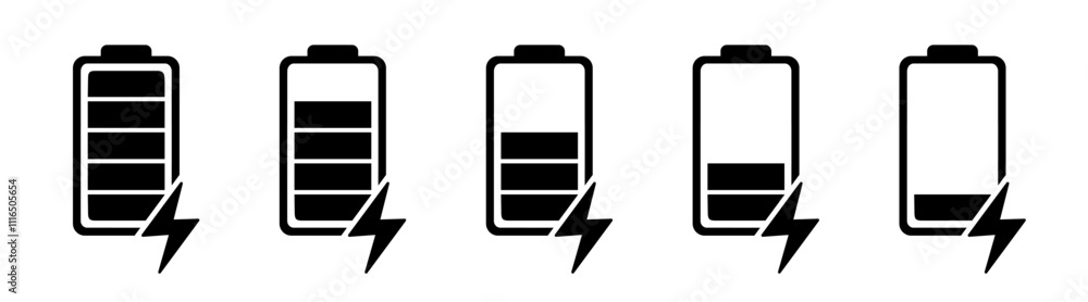 Battery icon set. Batery charge indicator. Battery charging sign and ...