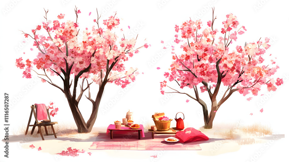 depiction of Japan’s Cherry Blossom Festival with blooming sakura trees ...