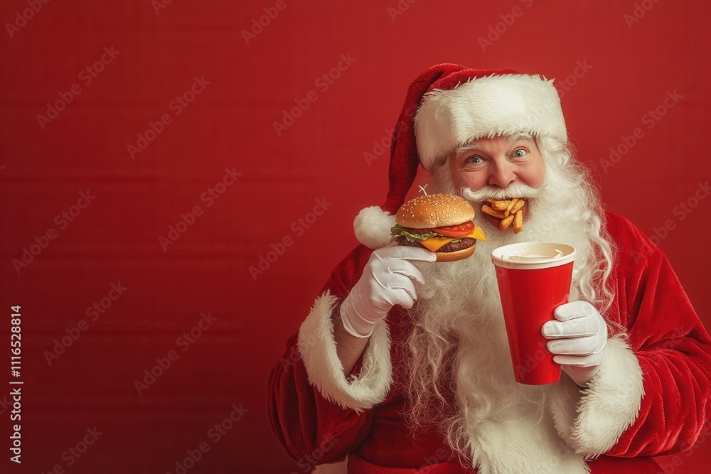 Surprised, Santa Claus stares at the burger he holds, standing out on a ...