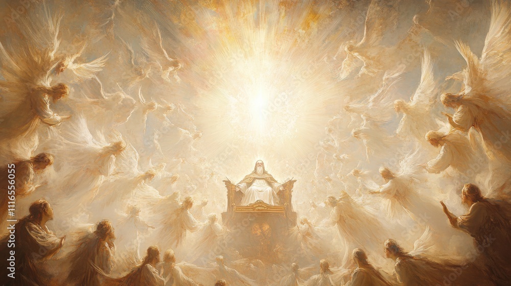 Divine gathering of celestial beings in a radiant light above a golden ...