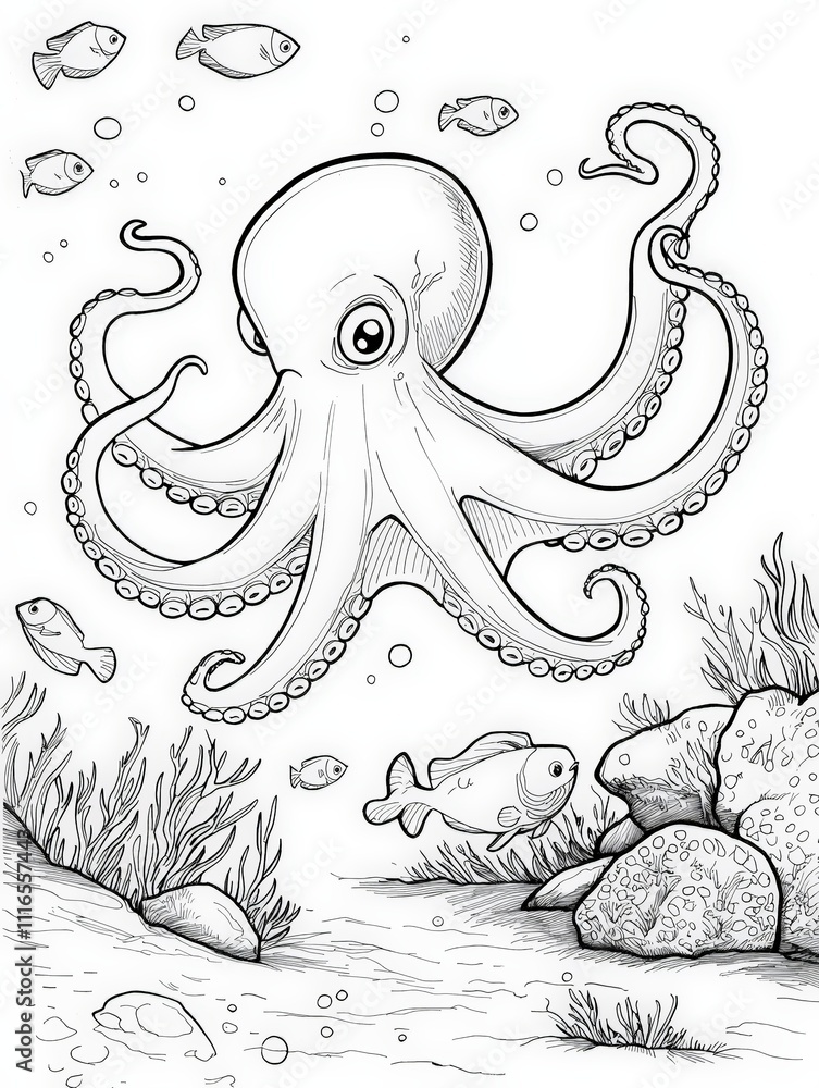 Majestic octopus & underwater scene coloring page illustration Stock ...