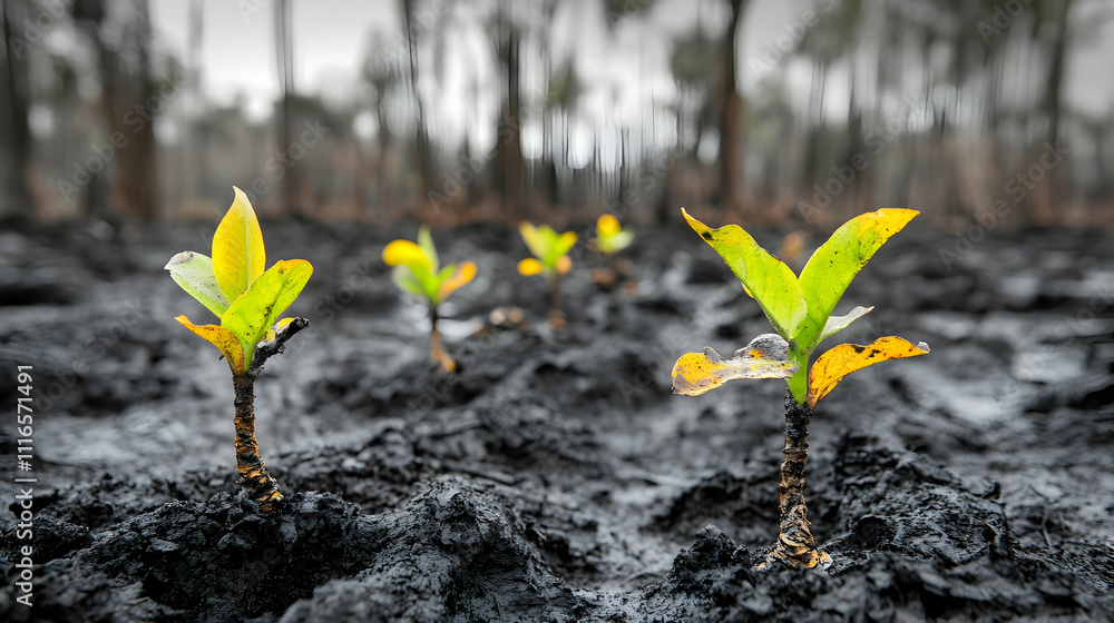 Young plants sprout from scorched earth after a wildfire, signifying ...