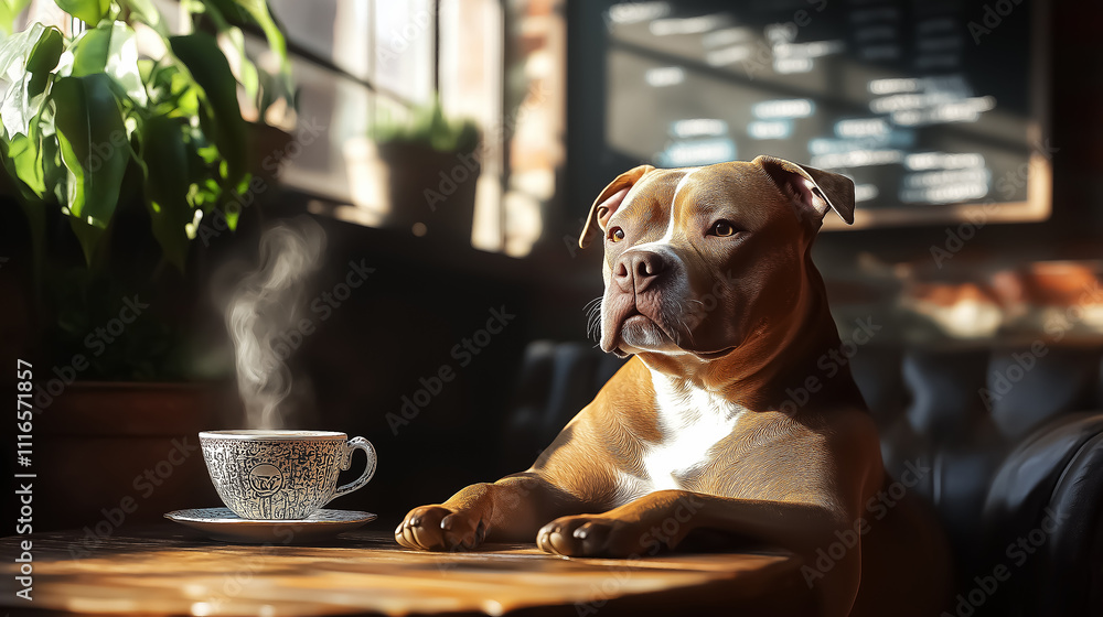 Charming coffee café scene featuring a relaxed pit bull enjoying a ...