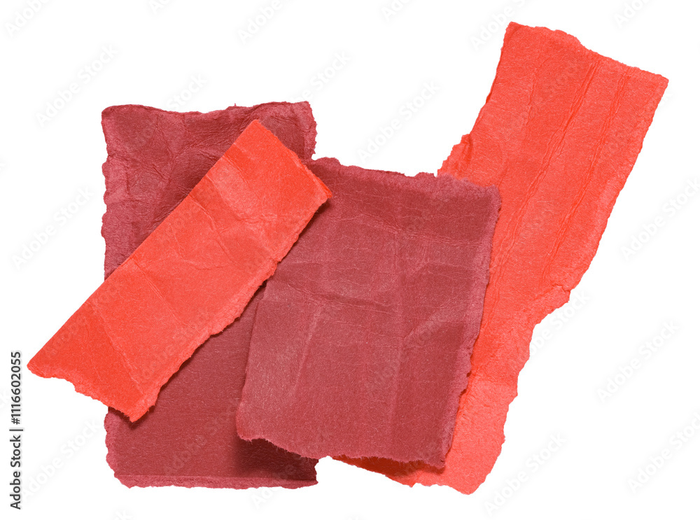 Stack of red crumpled wrinkled crushed pieces scraps, stripes or ...