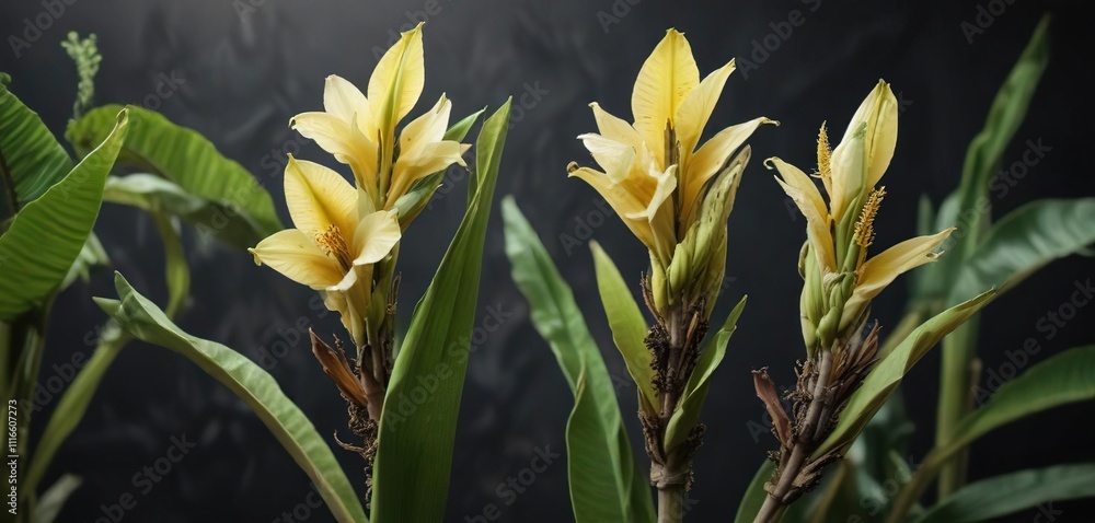Banana blossoms in different stages of growth and development on a ...