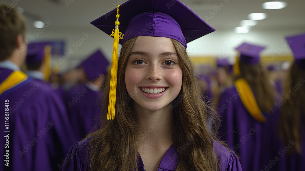 Joyful graduate beams at her classmates while wearing a purple cap and ...