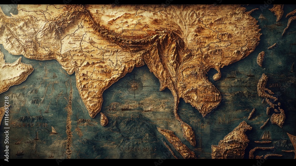 An ancient Indian map emphasizing important historical routes and ...