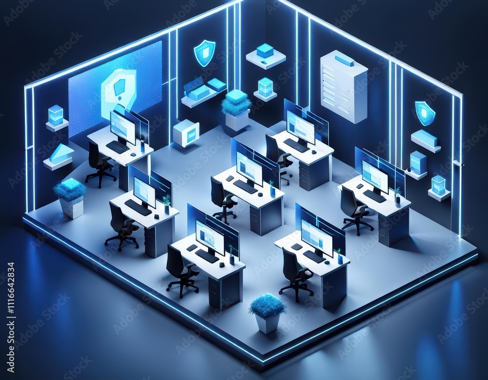 Cybersecurity, cyber defense and privacy concepts to protect data. A 3D isometric office ...
