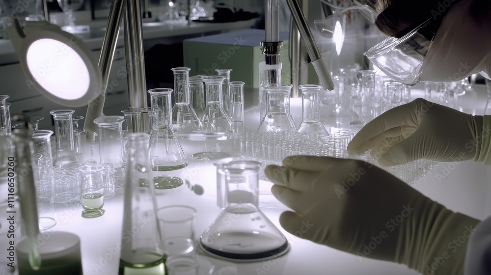 Modern pharmaceutical laboratory with scientists conducting chemical ...