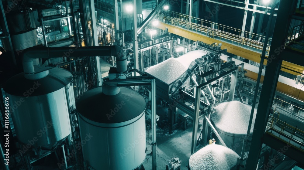Industrial plastic processing plant with large silos, hoppers, and ...