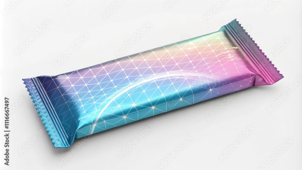 Flow pack mockup showcases a vibrant holographic design with geometric ...