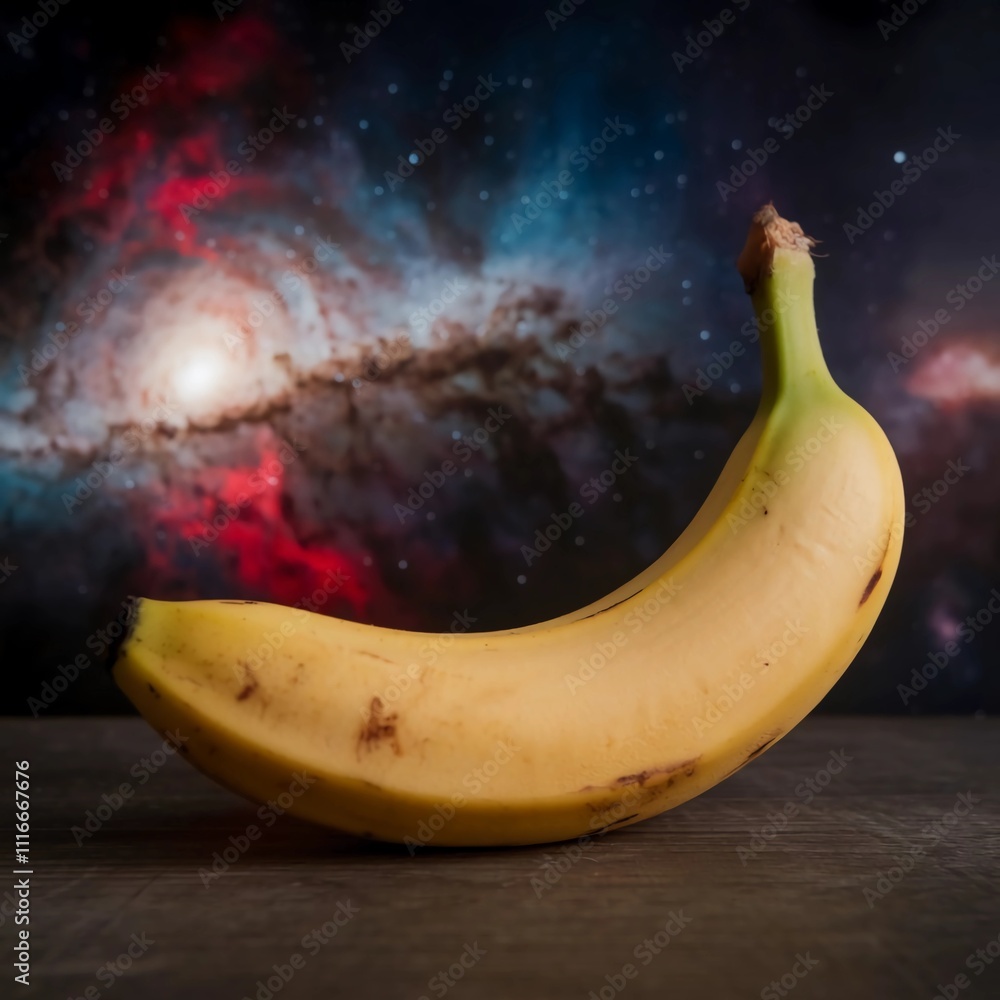 A living banana is placed against a cosmic background. The apple looks ...