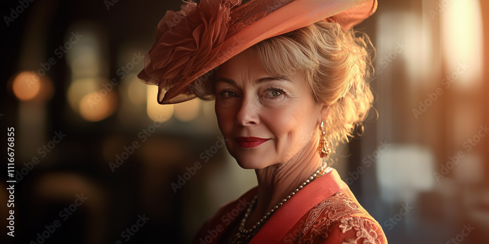 Portrait of a 60-year-old millionaire lady wearing fancy clothes and a ...