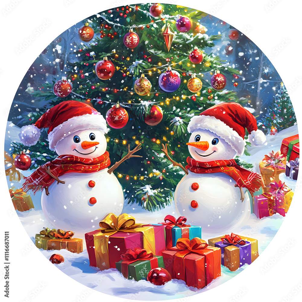 Two joyful snowmen wearing Santa hats stand by a festive Christmas tree ...