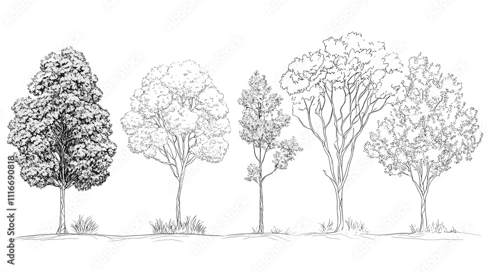 Architectural Drawings, Minimal style cad tree line drawing, Side view, set of graphics trees ...