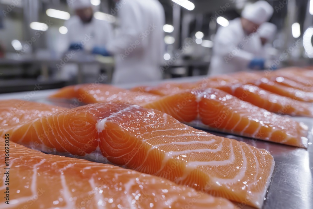 clean and efficient food processing plant where fresh salmon fillets ...