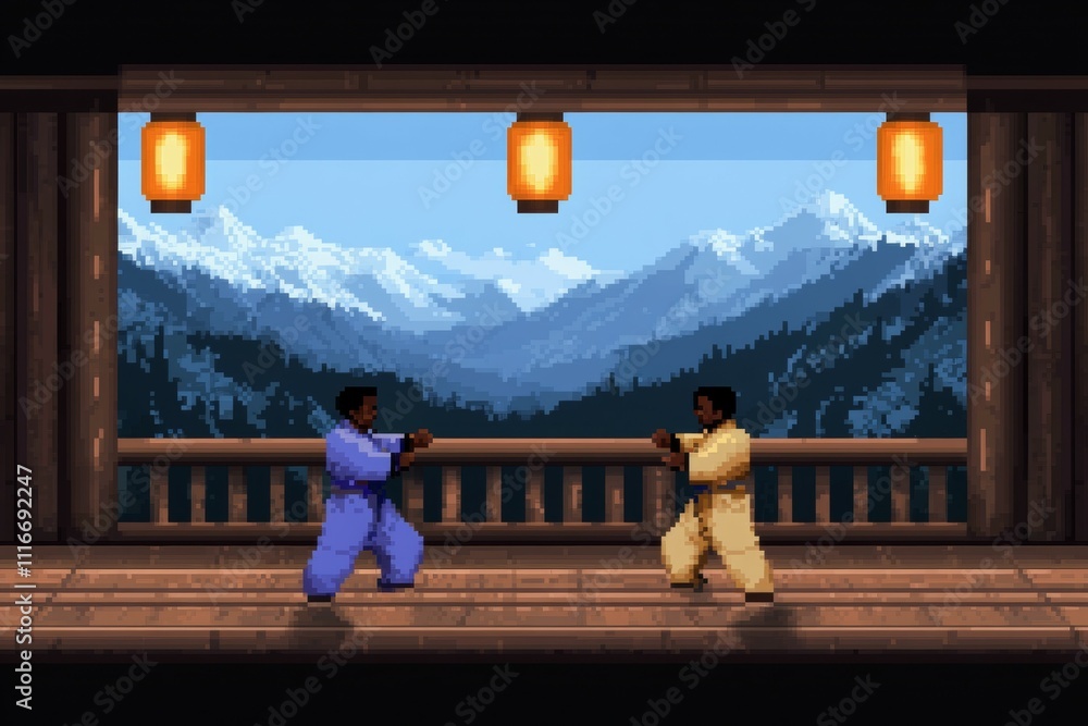 Two men are fighting in a video game with mountains in the background ...