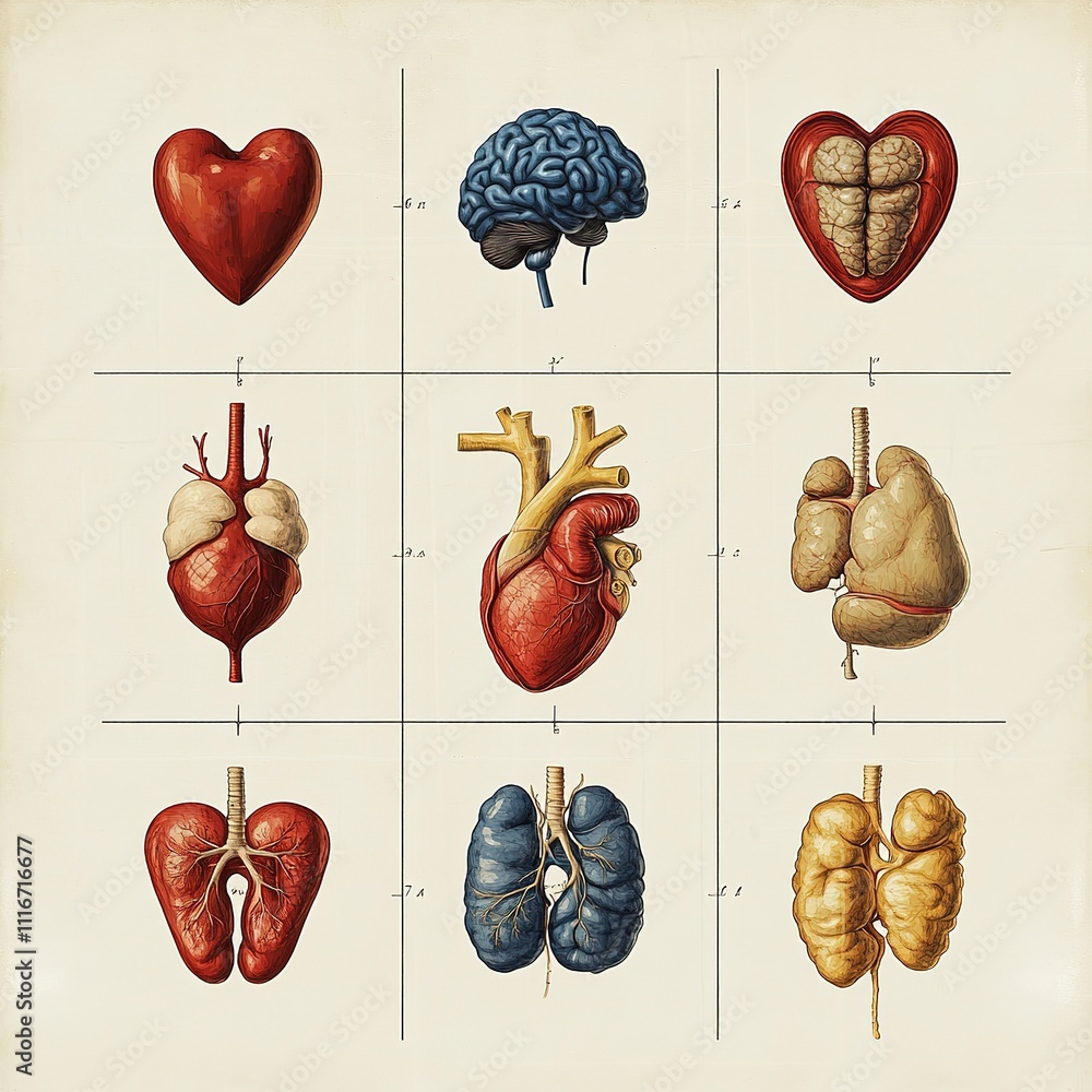 Scientific illustration of human organs heart brain and lungs medical ...