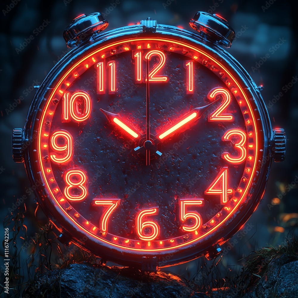 Luxurious Vintage Clock with Neon Red and Blue, Elegant Dark Theme,ネオン赤 ...
