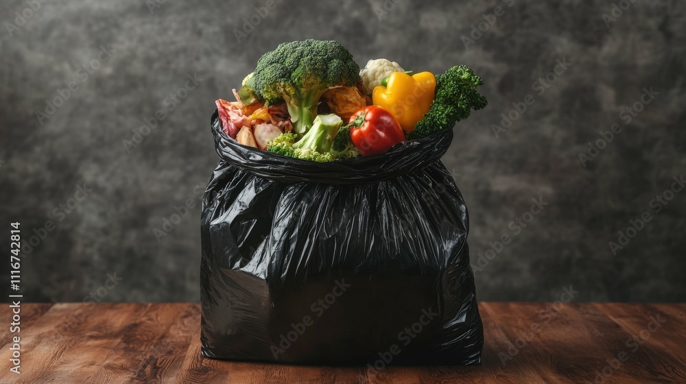 Throwing spoiled food including broccoli into a black trash bag kitchen ...