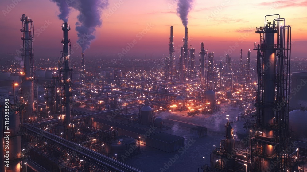 Oil refinery plant for crude oil industry on desert in evening twilight ...