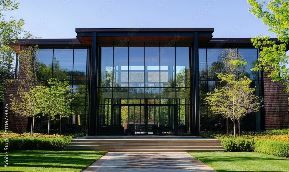 Exterior of a mega mansion, with full height glass windows without ...