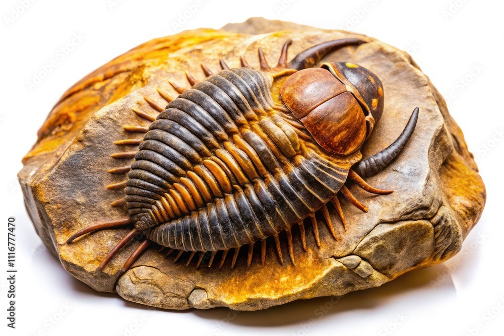 Realistic illustration of a fossilized trilobite with a segmented ...