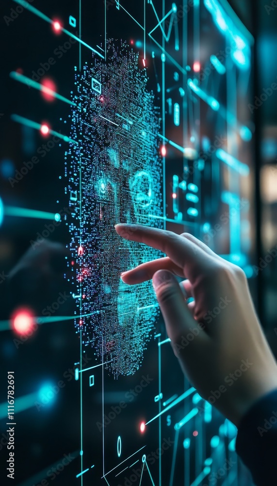 Hand engaging with advanced 3d facial recognition technology on a ...