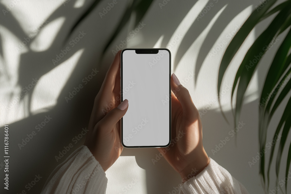 Mockup Photo of woman's hands holding a phone with blank screen. Sun ...