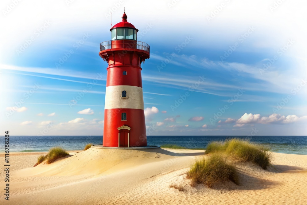 Vibrant red lighthouse on a sandy shore, perfect for coastal landscapes ...
