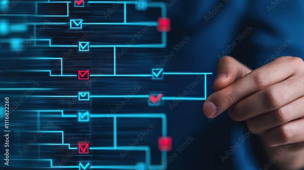 A hand interacts with a digital flowchart displaying email icons ...