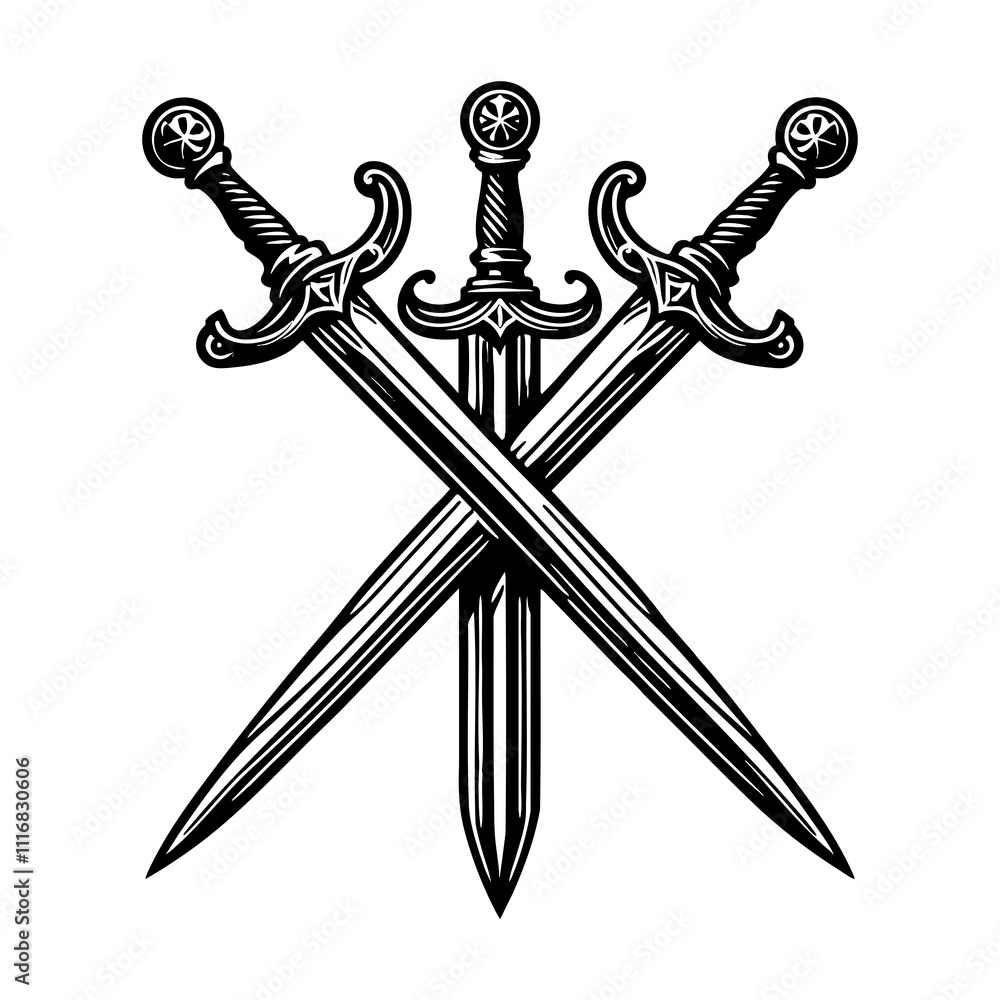 three crossed medieval swords in black and white, vintage engraving ...