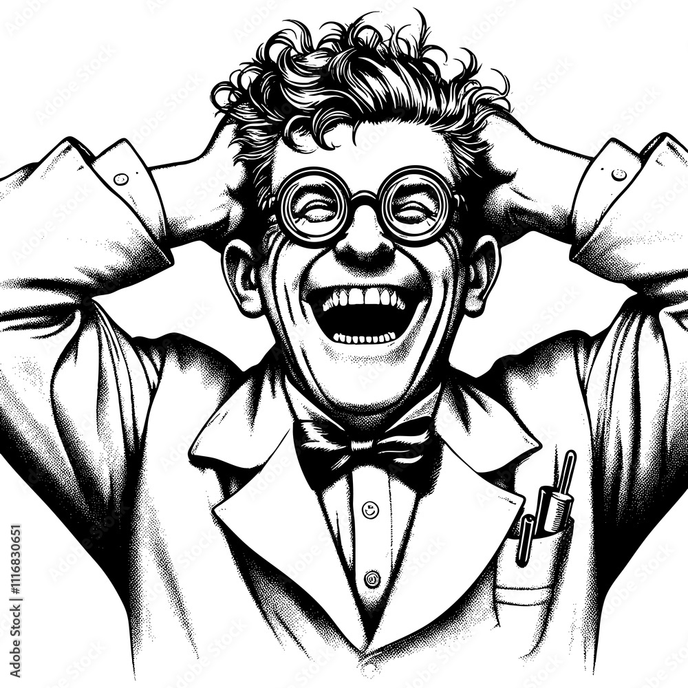 crazed scientist laughing maniacally with syringes in their hair ...