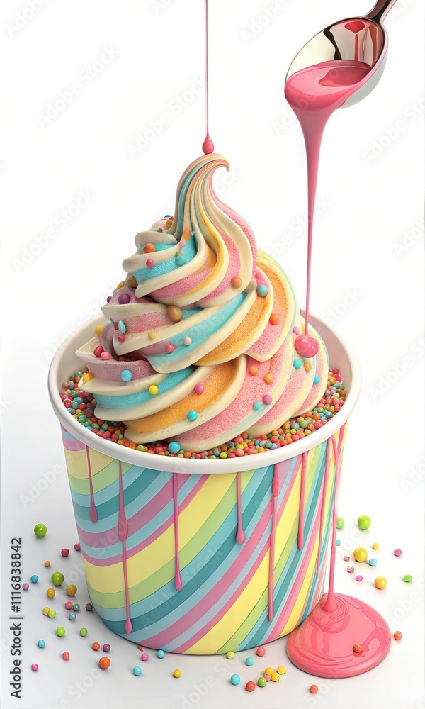 Creamy, colorful scoops of ice cream and sprinkles in a paper tub ...